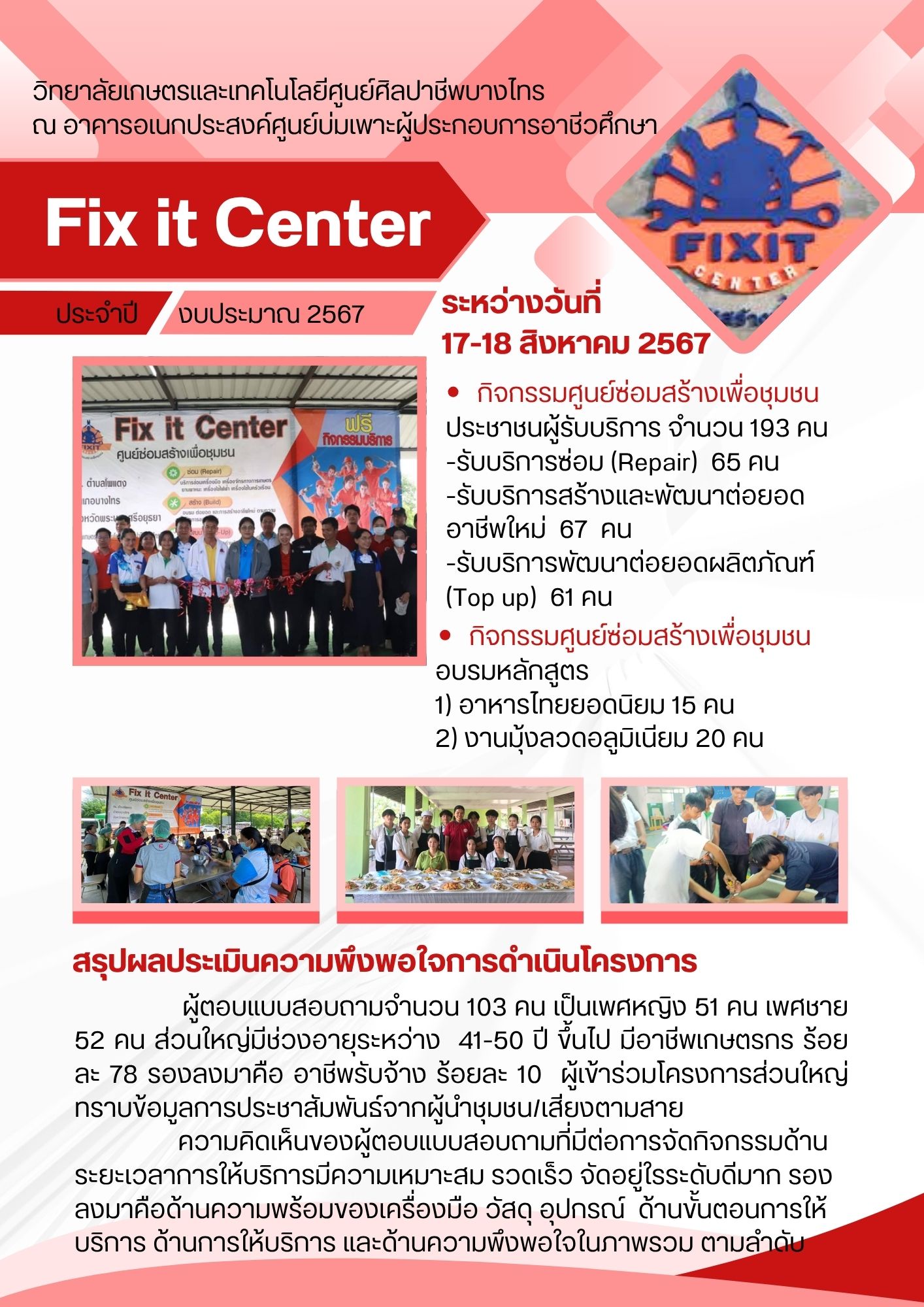 ผลประเมินความพึงพอใจการดำเนินโครงการ Fix it Center ประจำปีงบประมาณ 2567 ...